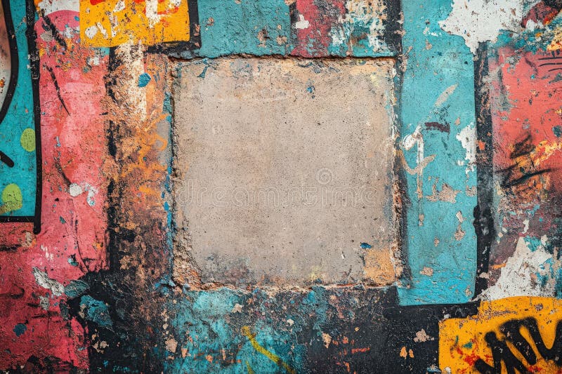 Colorful Graffiti Wall with Central Concrete Patch Stock Image - Image ...