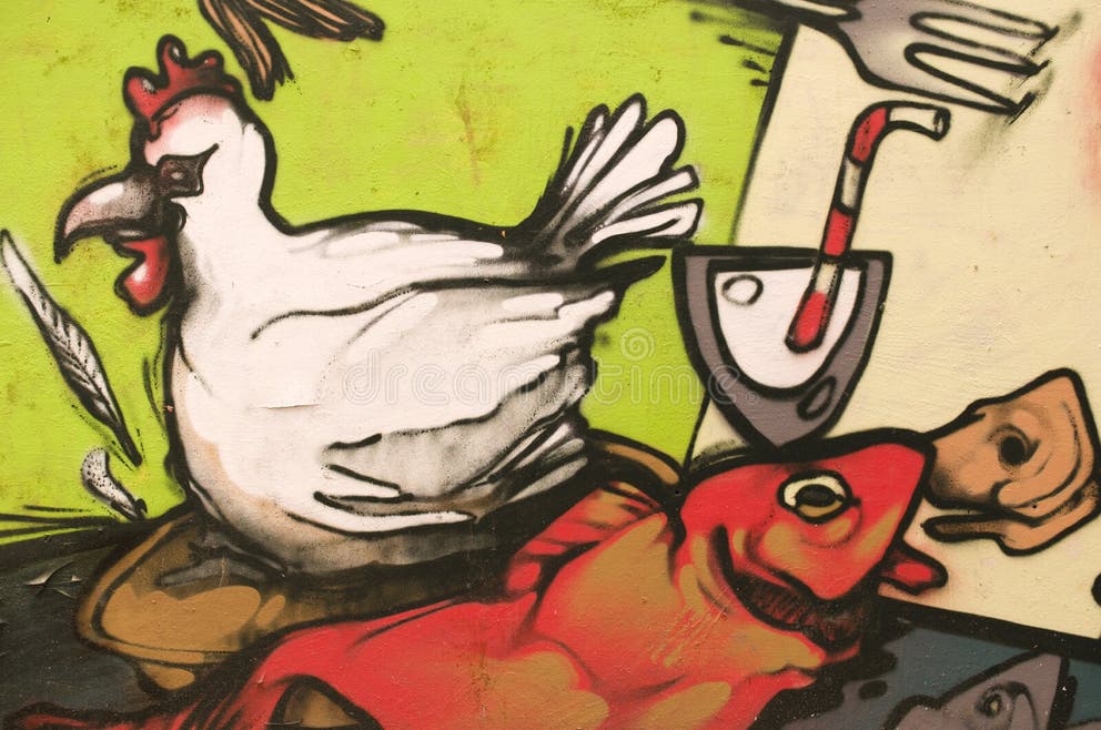 Colorful Graffity with Fish and Chicken Editorial Image - Image of ...