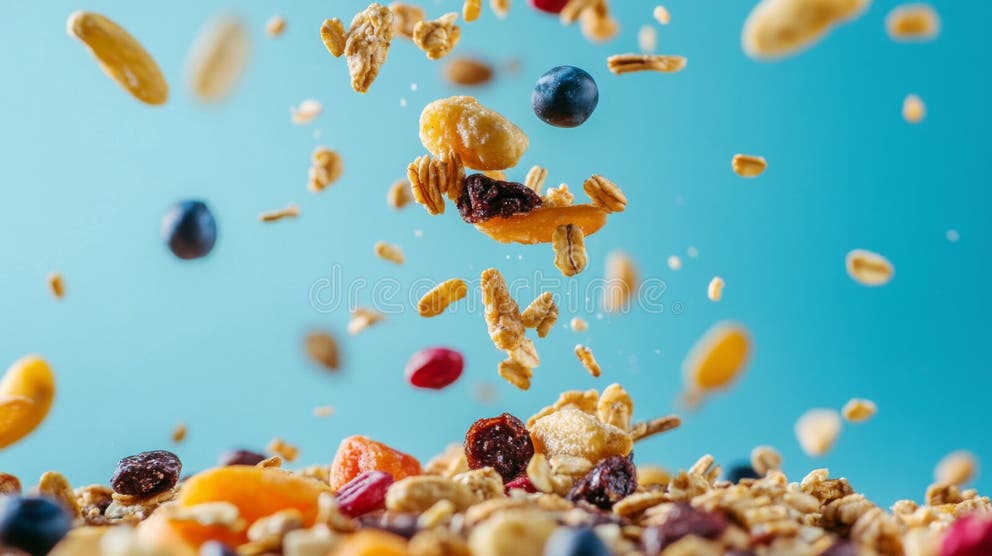 Colorful Granola and Fruit Falling on Blue Background Stock ...