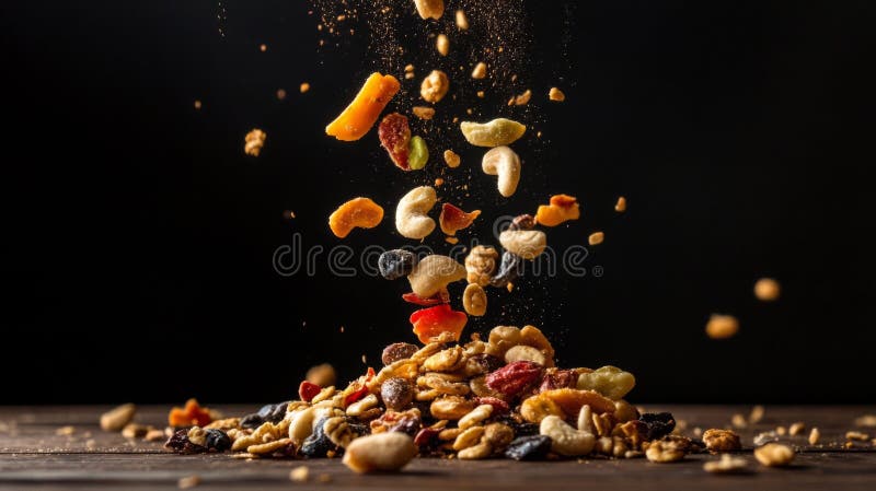 Colorful Granola Mix with Nuts and Dried Fruit Falling on Dark ...
