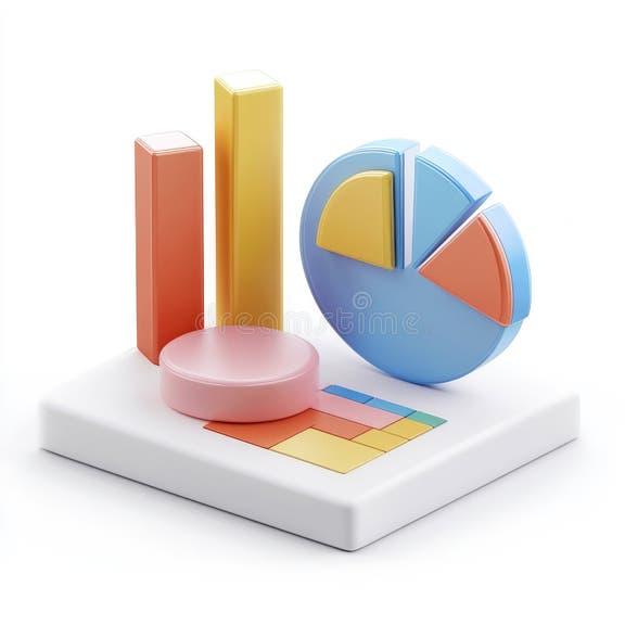 Colorful 3D Bar and Pie Charts on White Cube Base: Business Data ...