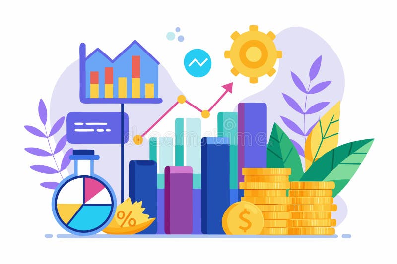 Colorful Graphics Display Investment Data with Graphs, Coins, and ...