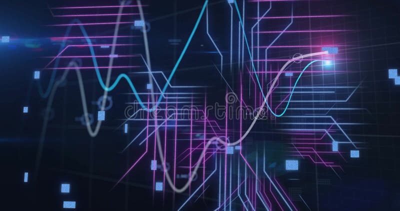 Colorful Graphs and Data Lines Animation Over Dark Background with Grid ...