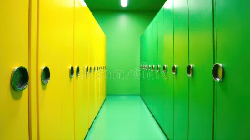 Colorful Green and Yellow Locker Room Interior with Bright Lighting ...