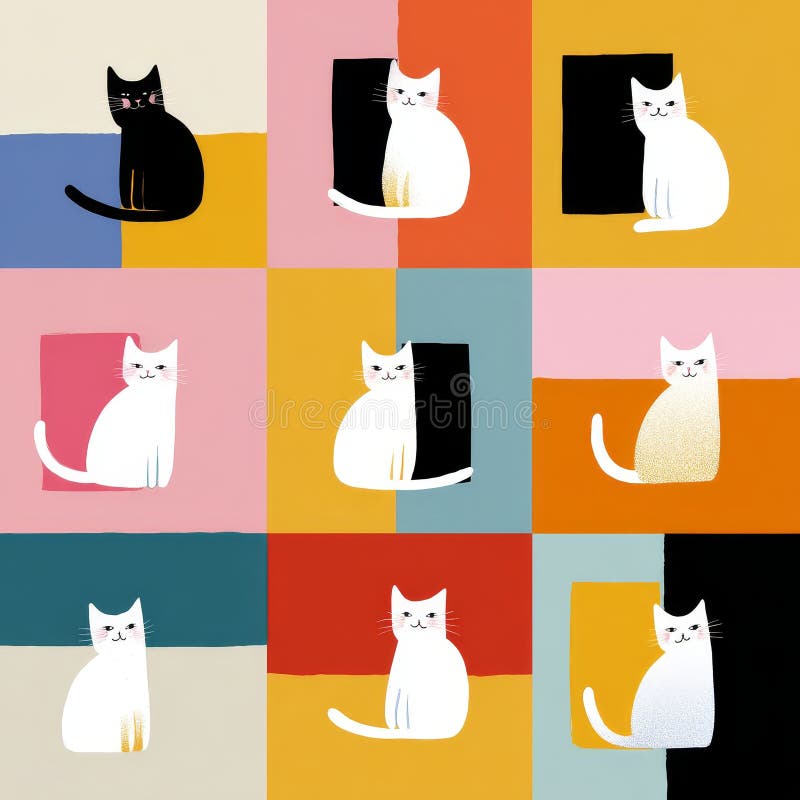 Colorful Grid of Abstract Cats with Geometric Backgrounds in Bright ...