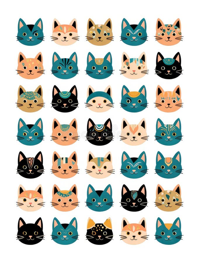 Colorful Grid of Cat Faces in Diverse Styles and Expressions Arranged ...