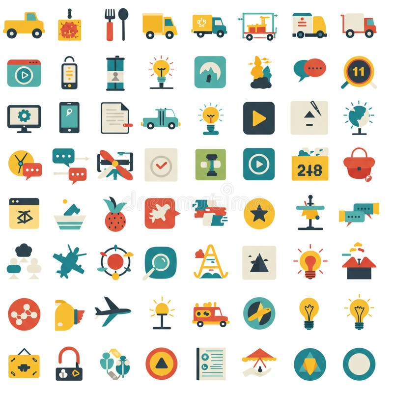 A Colorful Grid of Simplistic, Flat-design Icons, Each Representing ...