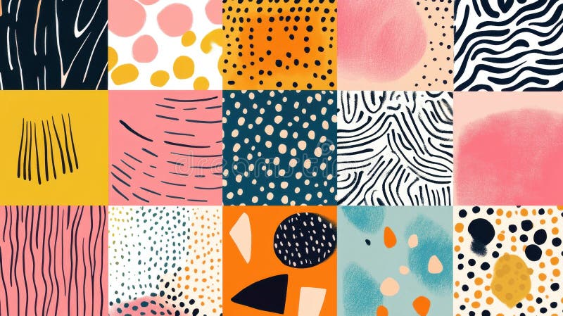 A Colorful Grid of 15 Square Abstract Patterns Featuring Playful ...