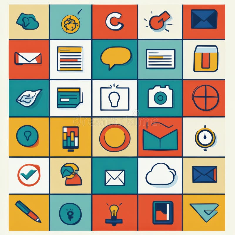 Colorful Grid of Various Icons Representing Communication, Technology ...