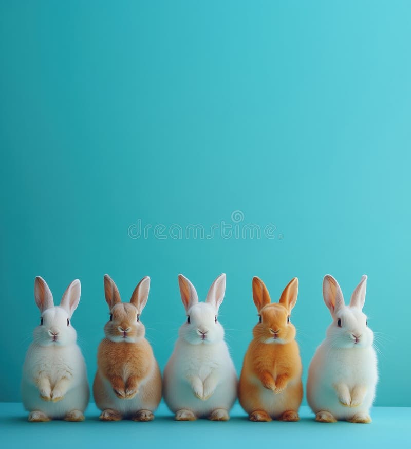 Colorful Group of Rabbits Posing Against Bright Blue Background Stock ...