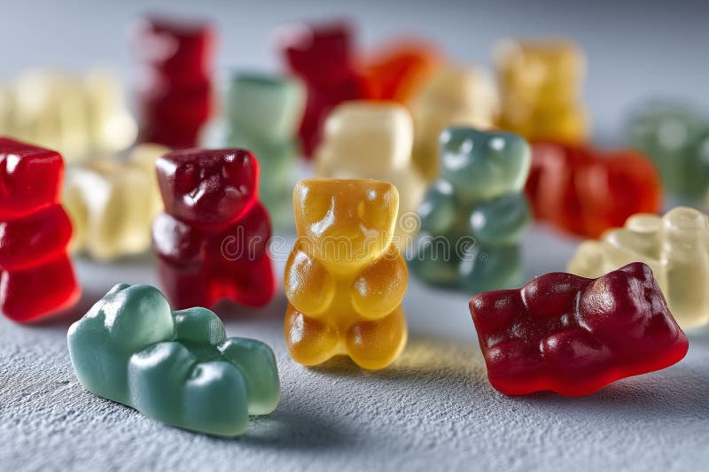 Colorful Gummy Bears Scattered on a Textured Surface, Close-up View of ...
