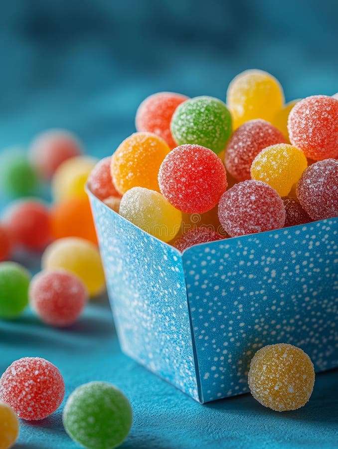 Colorful Gummy Candies in a Blue Box on a Textured Surface Stock Image ...