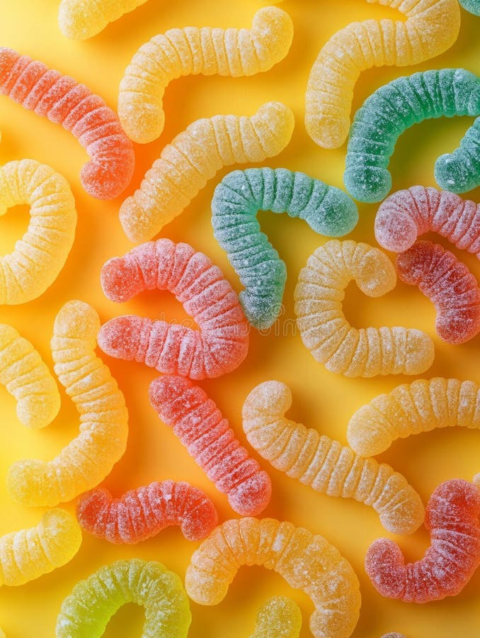 Colorful Gummy Worms on a Yellow Background. Stock Photo - Image of ...