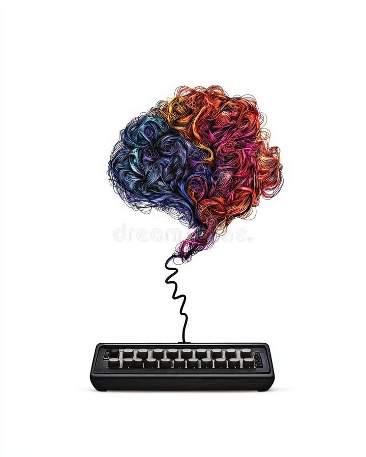 Colorful Hair Styled Like a Brain Above Keyboard Stock Illustration ...