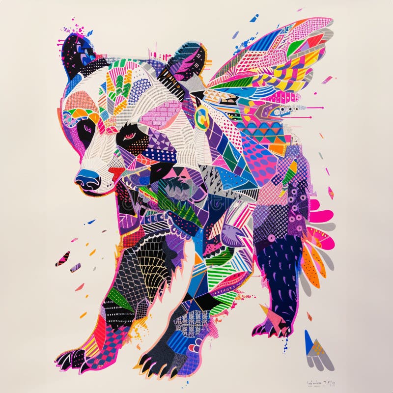 Colorful Halftone Screenprint of an Animal - a Colorful Bear with Wings ...