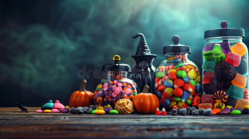 Colorful Halloween Candy Display with Festive Decorations Stock Image ...