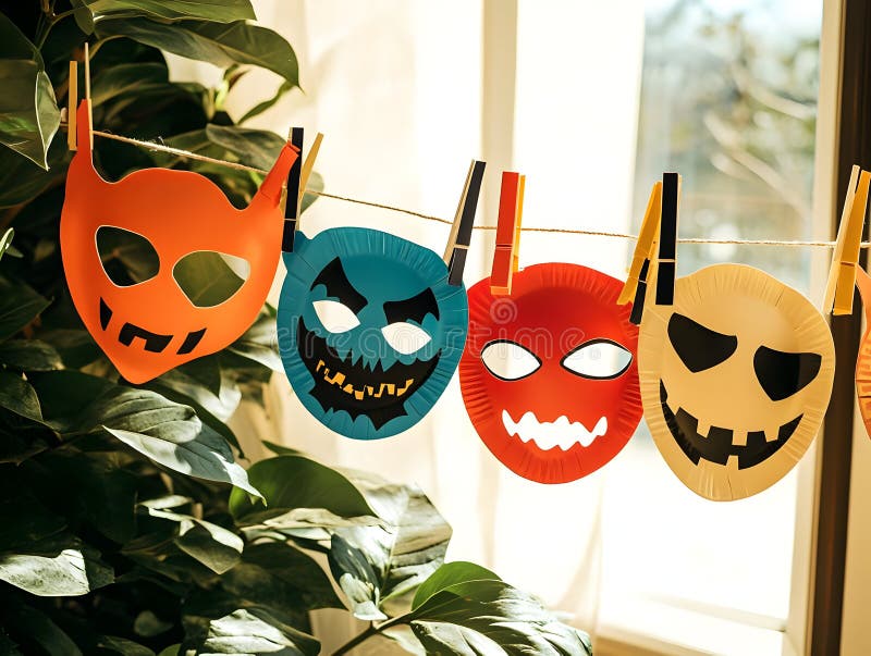 Colorful Halloween Masks Hanging on a String, Creating a Festive ...