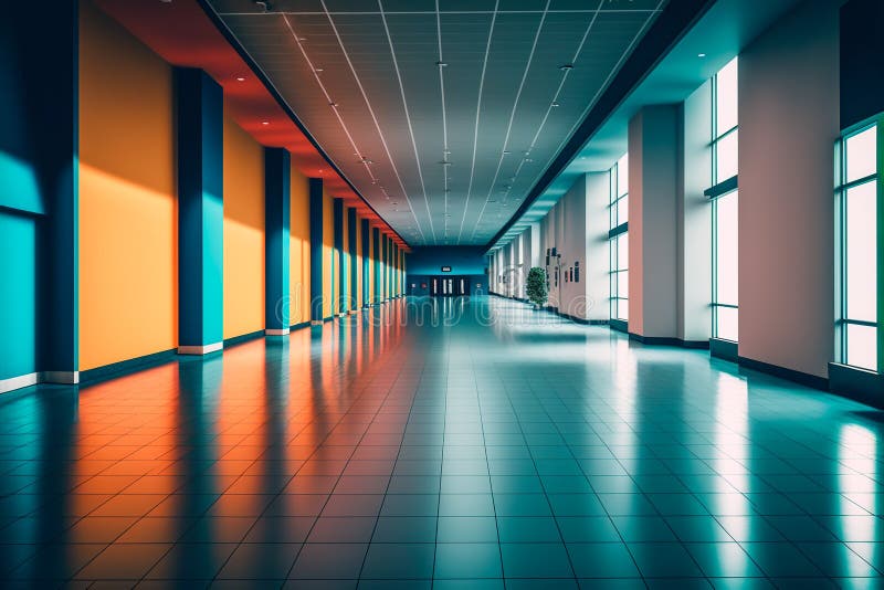 A Colorful Hallway of a Modern Building with Large Windows, Generative ...