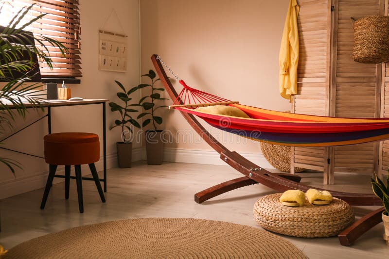 Colorful Hammock with Pillow in Room Interior Stock Image - Image of ...