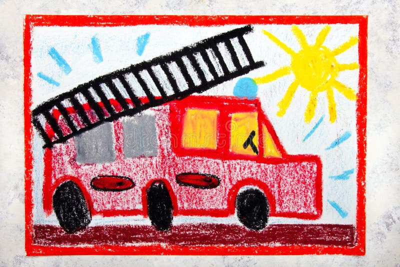 Drawing: Red Fire Truck with a Ladder Stock Illustration - Illustration ...
