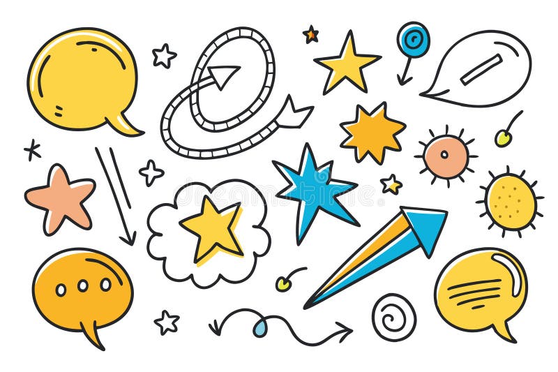Colorful Hand Drawn Arrows, Stars, and Speech Bubbles with Scribble ...