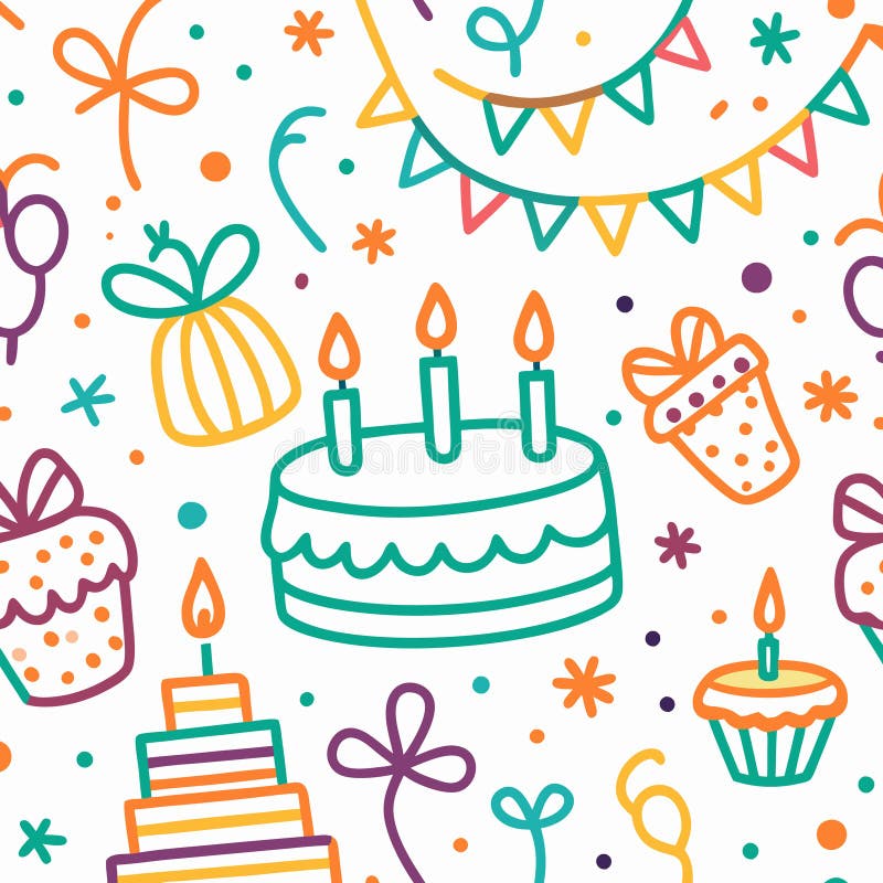 Colorful Hand-drawn Birthday Party Seamless Pattern. (1 Stock Vector ...