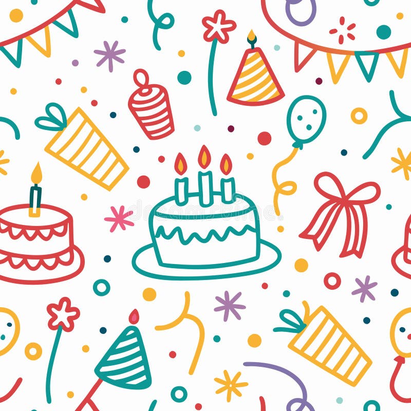 Colorful Hand-drawn Birthday Party Seamless Pattern. (1 Stock Vector ...