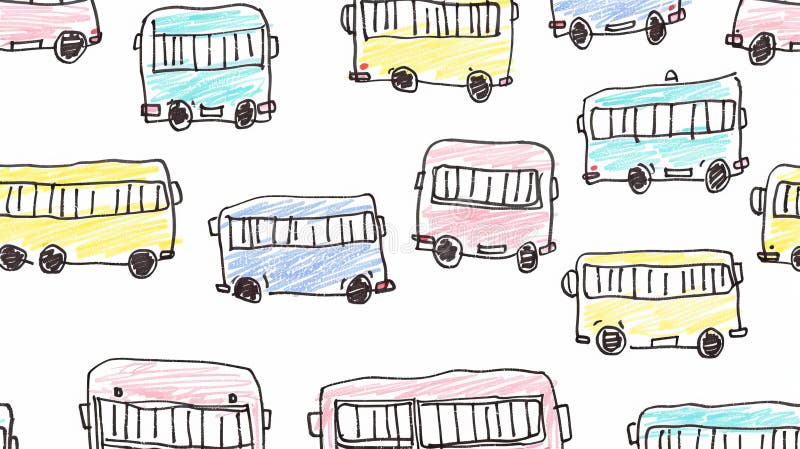 Colorful Hand-drawn Buses Pattern with Vintage Style on White ...