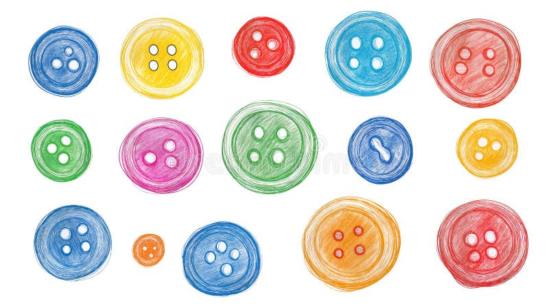 Colorful Hand-Drawn Buttons of Various Sizes and Colors Arranged in a ...