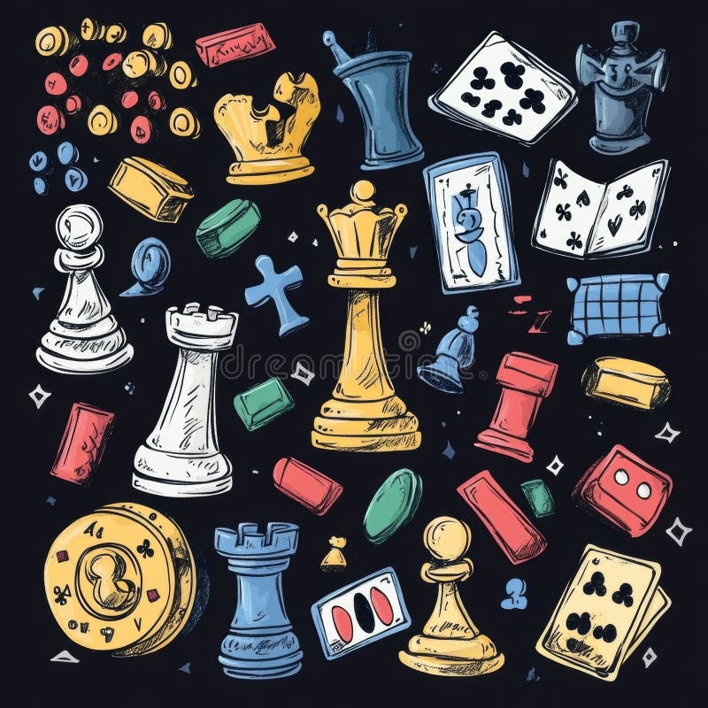 Colorful Hand-drawn Chess Pieces and Gaming Elements on a Dark ...