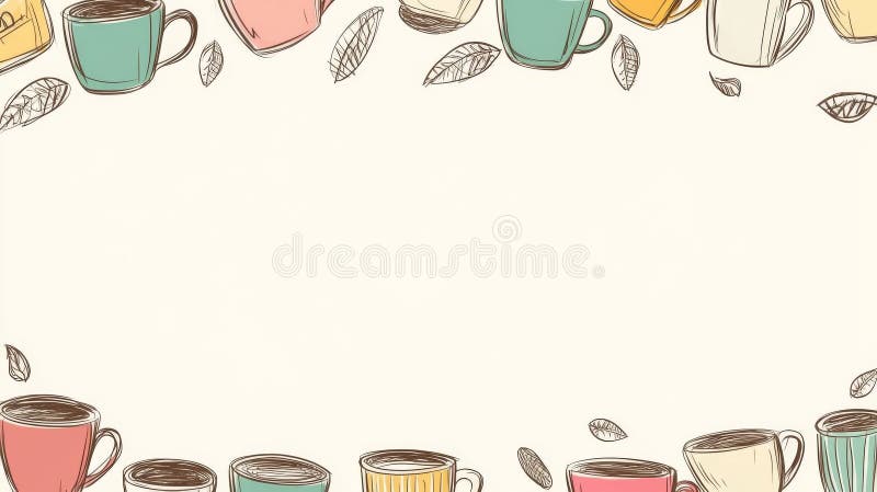 Colorful Hand-Drawn Coffee Mugs and Leaves on a Light Background Stock ...