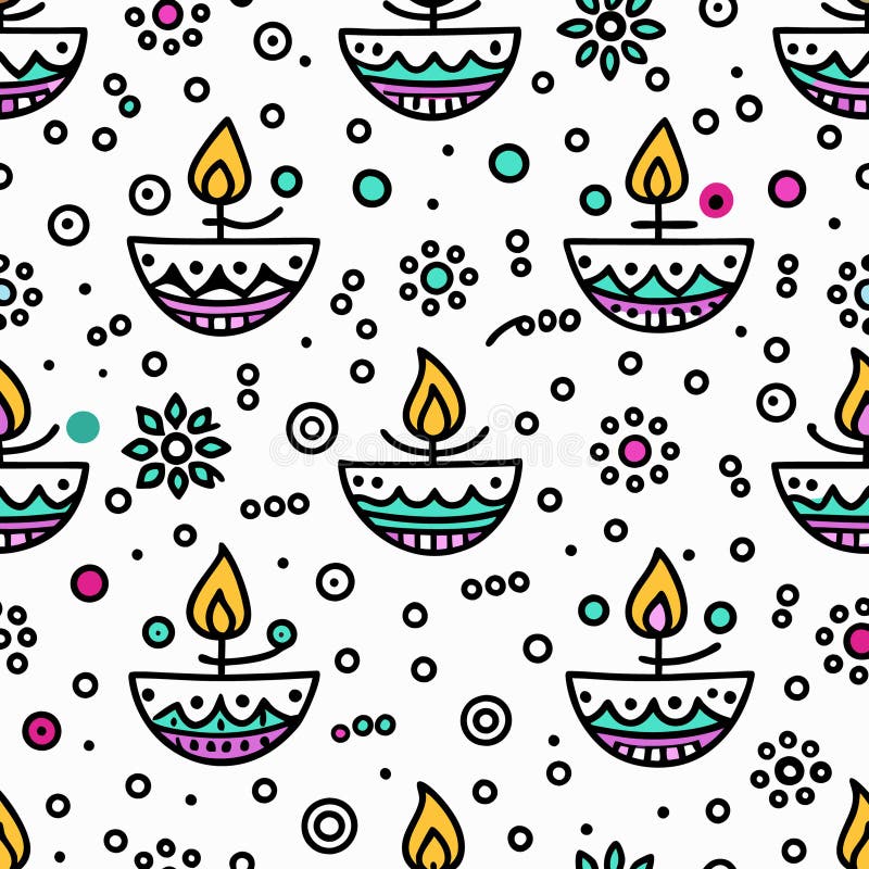 Colorful Hand-Drawn Diya Candles Seamless Pattern Stock Vector ...