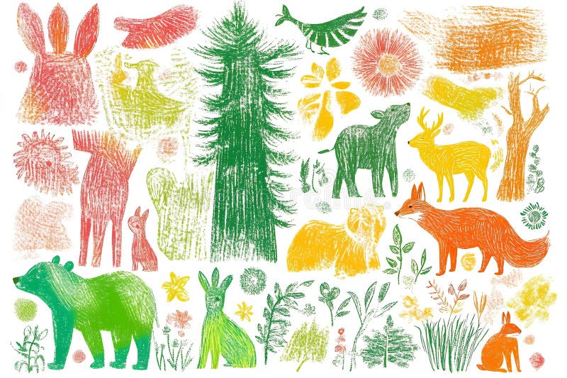 Colorful Hand Drawn Forest Animals Illustration Featuring Deer Fox Bear ...