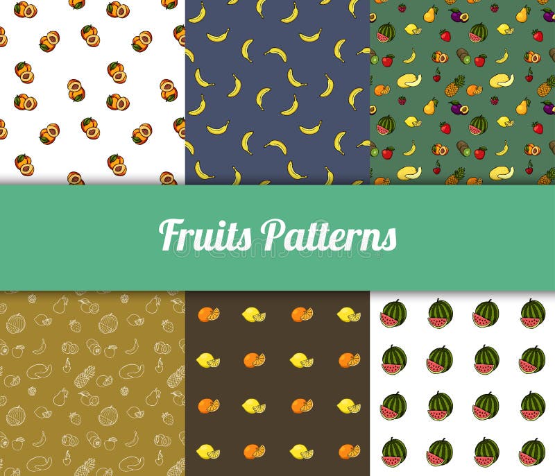 Colorful Hand Drawn Fruits Seamless Patterns Set Stock Illustration ...