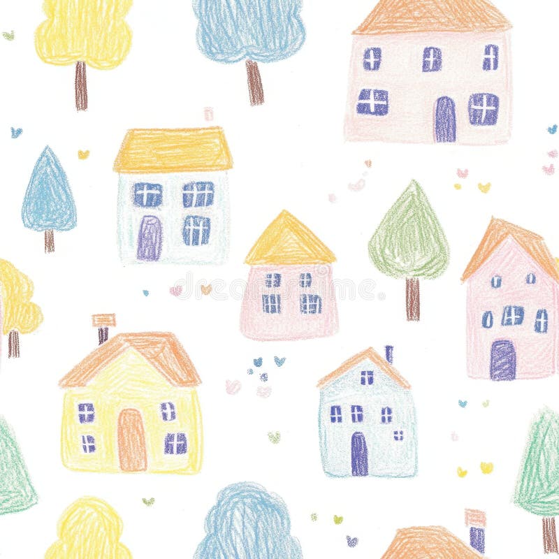 Colorful Hand-Drawn Houses and Trees Pattern Stock Image - Image of ...