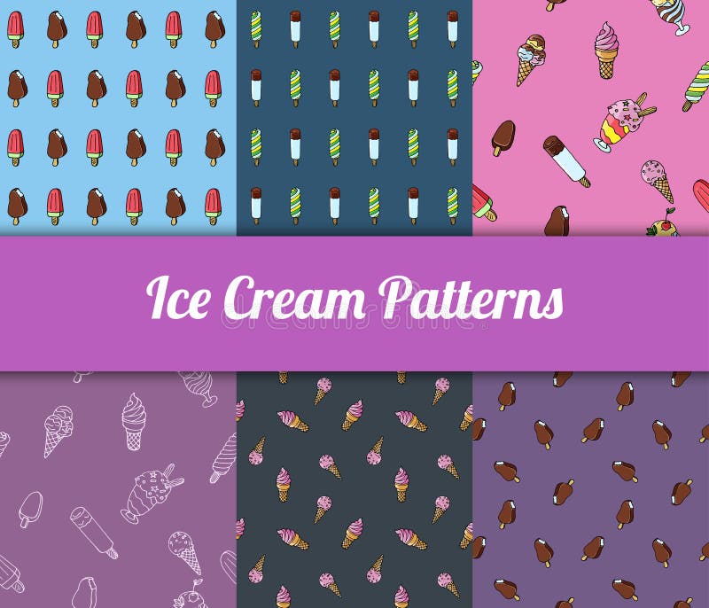 Colorful Hand Drawn Ice Cream Seamless Patterns Set Stock Illustration ...