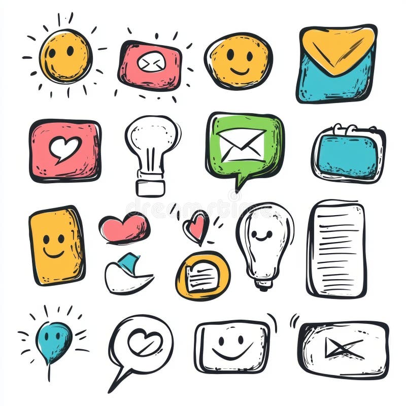 Colorful Hand-drawn Icons Symbolizing Communication and Positivity ...