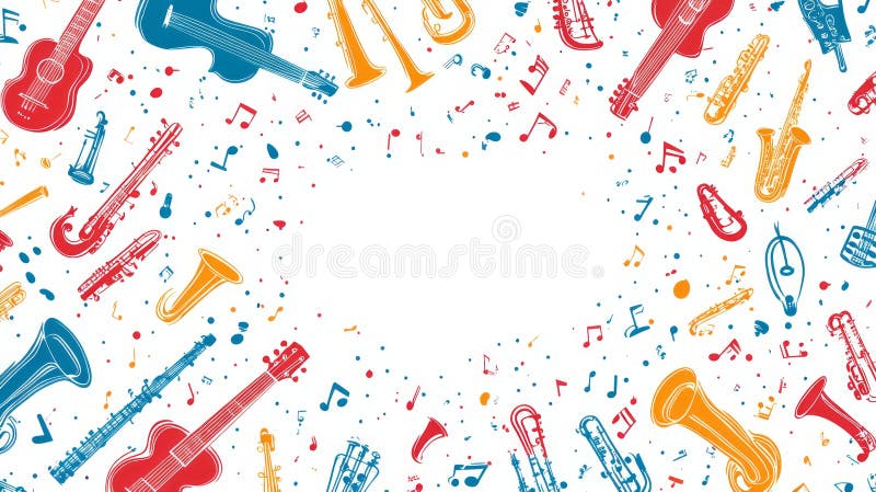 Colorful Hand-drawn Musical Instruments and Notes Scattered on a White ...