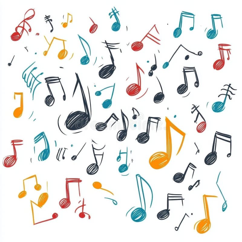 Colorful Hand-drawn Musical Notes Scattered Across a White Background ...