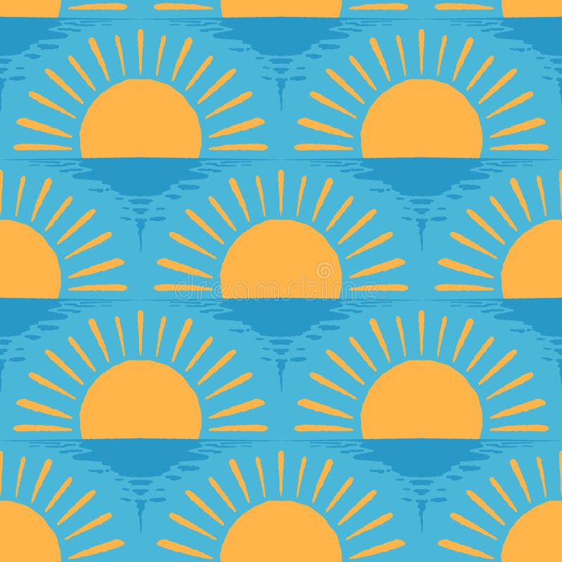 Colorful Hand-Drawn Pattern of Sunset with Sun Rays and Blue Water ...