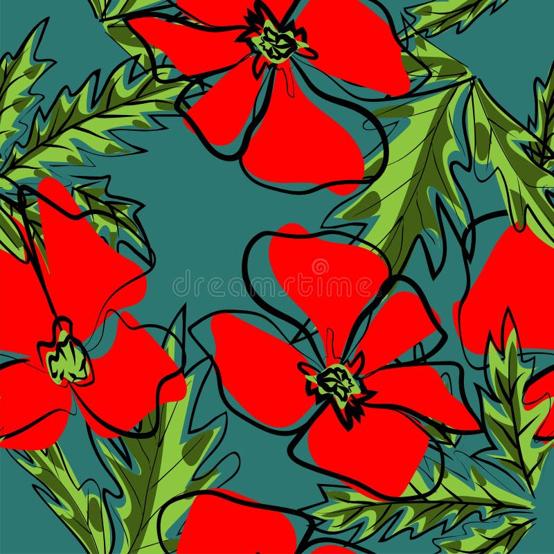 Colorful Hand Drawn Poppies, Flowers Seamless Pattern Stock Vector ...