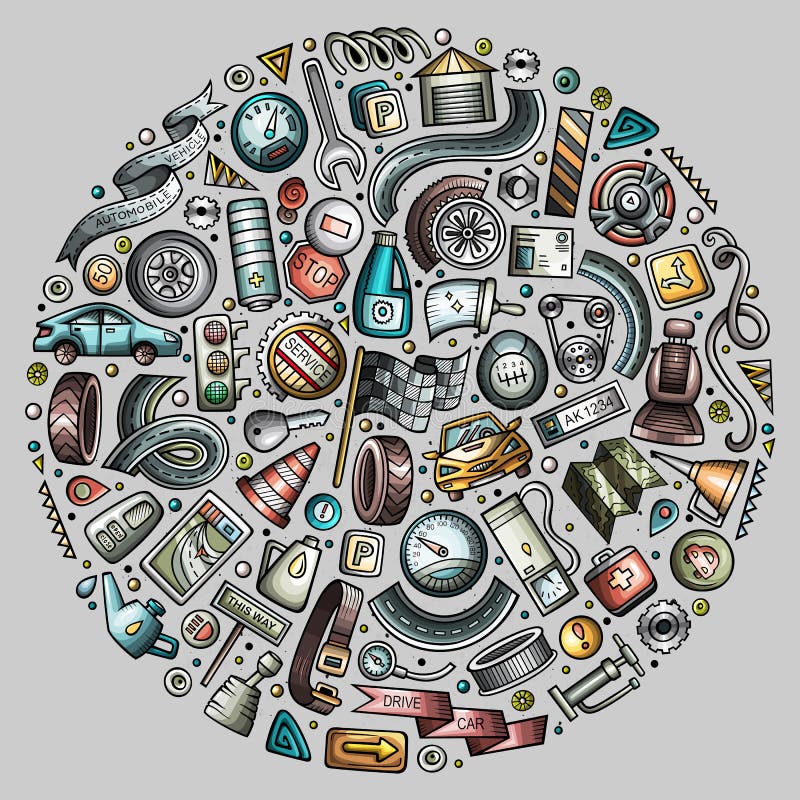 Colorful Hand Drawn Set of Automobile Cartoon Doodle Objects Stock ...