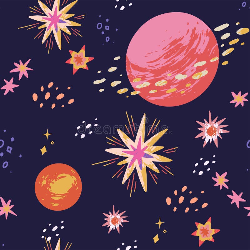 Colorful Hand-drawn Space Cosmic Pattern with Stars and Planets Stock ...