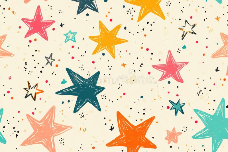 Colorful Hand-drawn Stars and Dots Pattern on Cream Background for ...