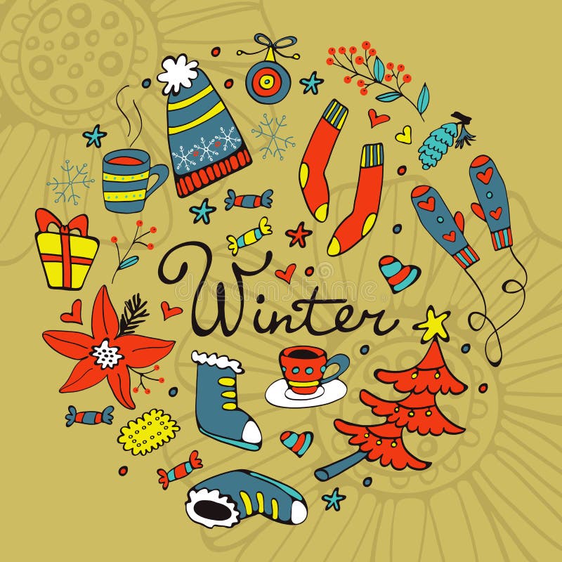 Colorful Hand Drawn Winter Collection Stock Vector - Illustration of ...