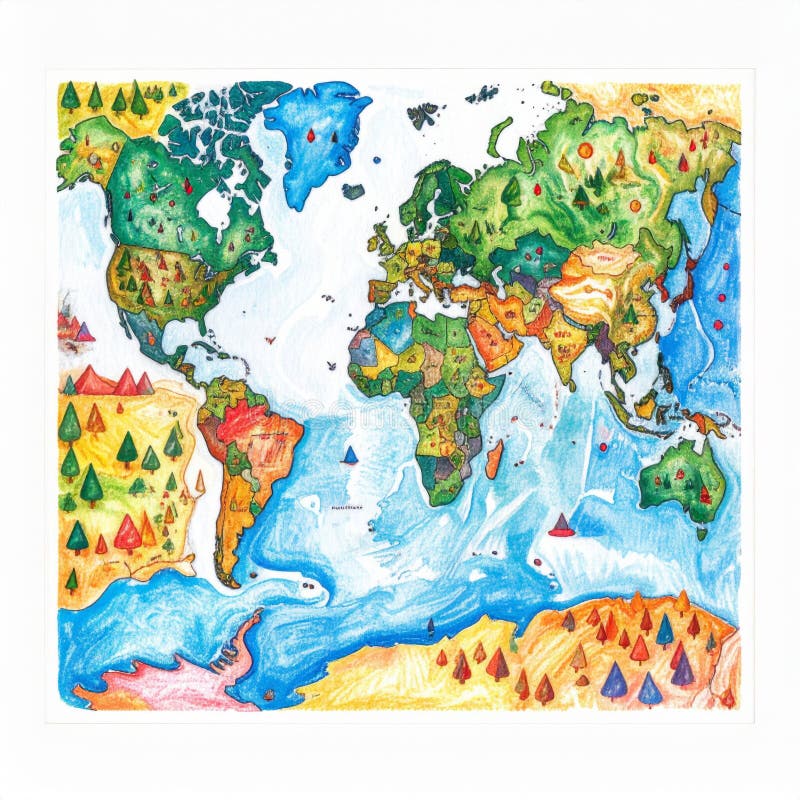 Colorful Hand Drawn World Map Illustration Stock Illustration ...