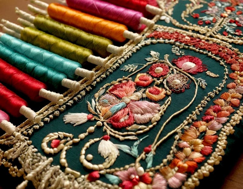 Colorful Hand Embroidery Threads and Floral Design in Artisan Workshop ...