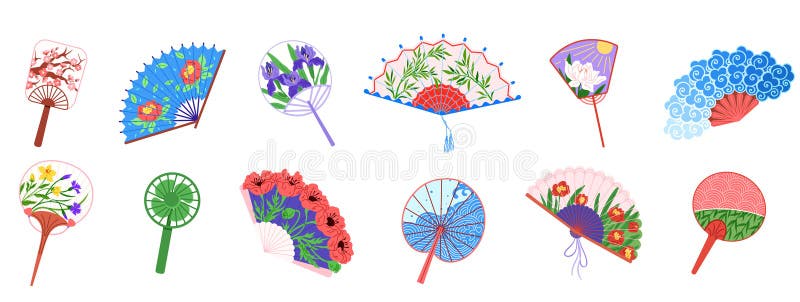 Colorful Hand Fans Collection with Various Floral and Artistic Designs ...
