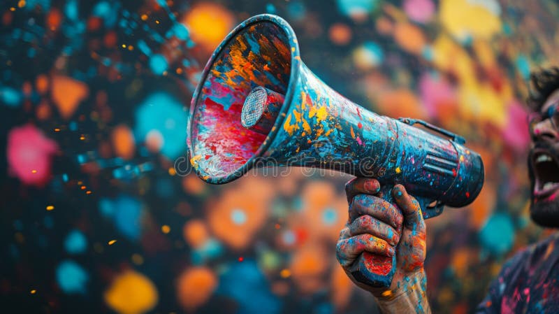 A Colorful Hand Holding a Megaphone with Paint Splatter Stock ...