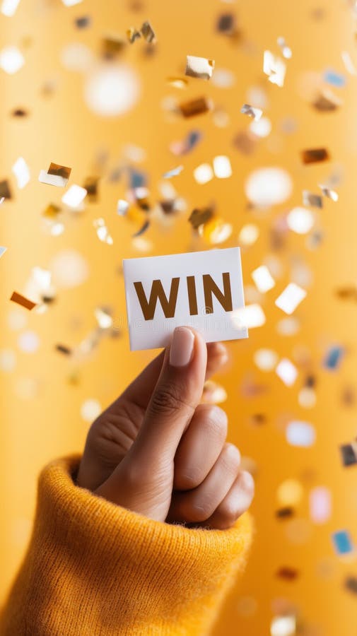 Colorful Hand Holding WIN Sign with Confetti Falling Joyfully Stock ...